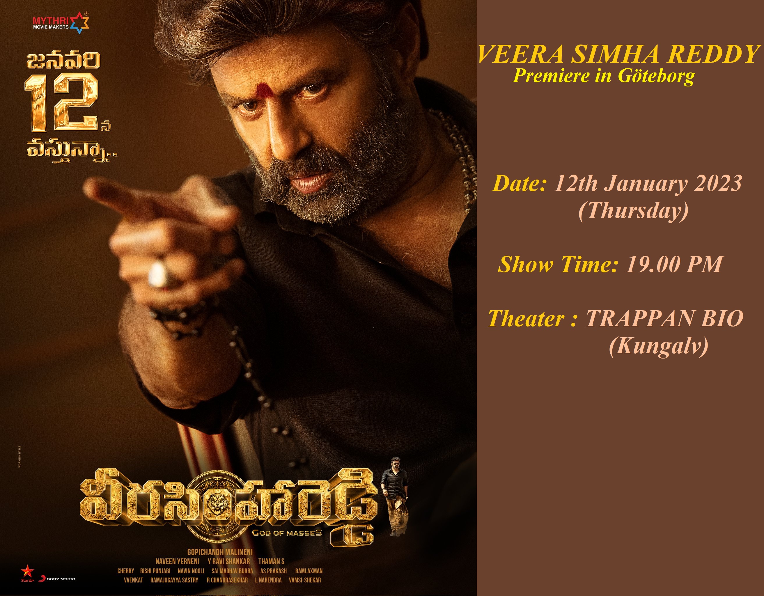 Veera Simha Reddy Premiere in Göteborg Trappgränd 2 Kungälv - Ticketly